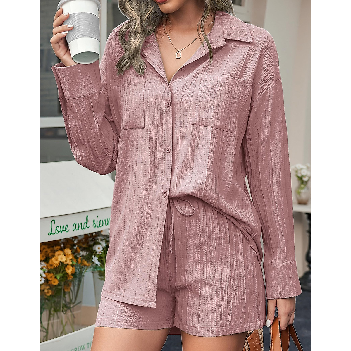 Ekouaer Women's V Neck Lounge Sets Button Down Shirt and Shorts 2 Piece Outfits Loungewear Pajama with Pockets Dusty Rose