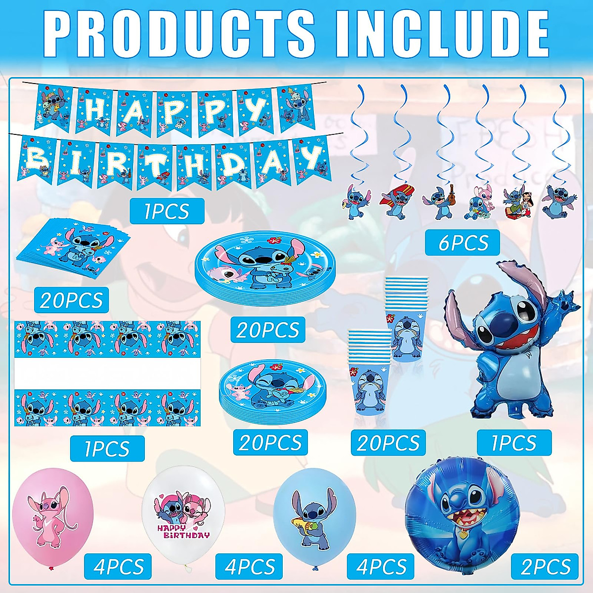 103 PCS Stitch Birthday Party Decorations, Stitch Party Decorations Set Includes Tableware Set, Happy Birthday Banner, Hanging Swirls, Balloons for Birthday Party Supplies