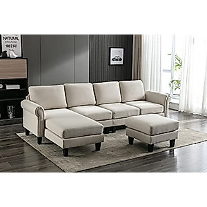 Eafurn U-Shaped Sectional Sofa w/Chaise Lounge and Movable Ottoman,108.66" Convertible Corner Couch,5 Seater Linen Upholstery Sofa&Couches with 2 Pillows for Living Room Furniture Sets, Beige