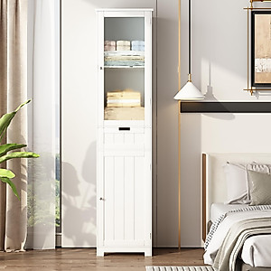 Hlivelood 67Inch Bathroom Cabinet, Tall Bathroom Storage Cabinet with Drawer and Adjustable Shelf, Floor Freestanding Cabinet for Bathroom, Kitchen, Living Room, White