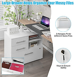 Giantex 3-Drawer Lateral File Cabinet - Under Desk Printer Stand with Storage Shelves, Hanging Bar for Legal/Letter Size Files, Lockable Filing Cabinet for Home Office Organization (White)