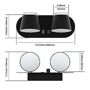 Sytmhoe Modern Black Double Head Dimmable LED Wall Sconce, Bedroom Wall Light with USB, Plug-in Installation, 12W, 10.24x3.94x5.12in
