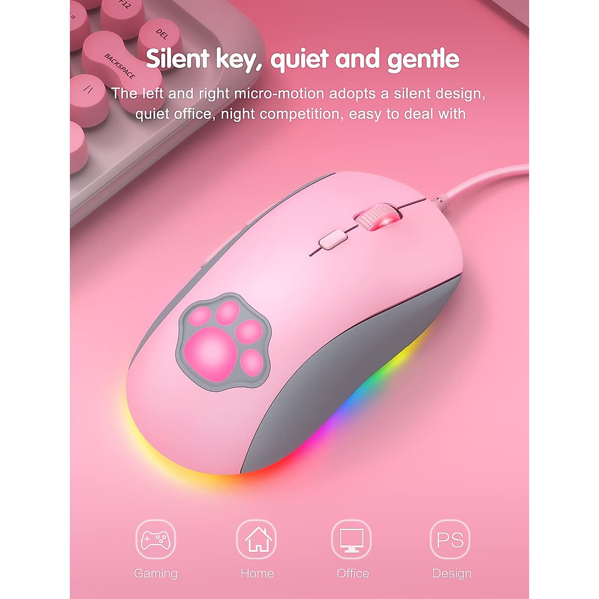 PHNIXGAM Cat Paw RGB Gaming Mouse, Silent Optical Computer Mice USB Wired with 6 Adjustable DPI Up to 7200, RGB Lighting, 6 Programmable Buttons for Windows/Vista/Linux (Pink)