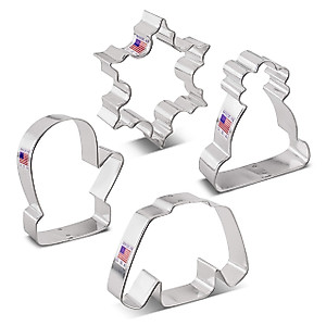 Winter and Christmas Cookie Cutters 4-Pc Set Made in USA by Ann Clark, Snowflake, Sweater, Mitten, Winter Hat