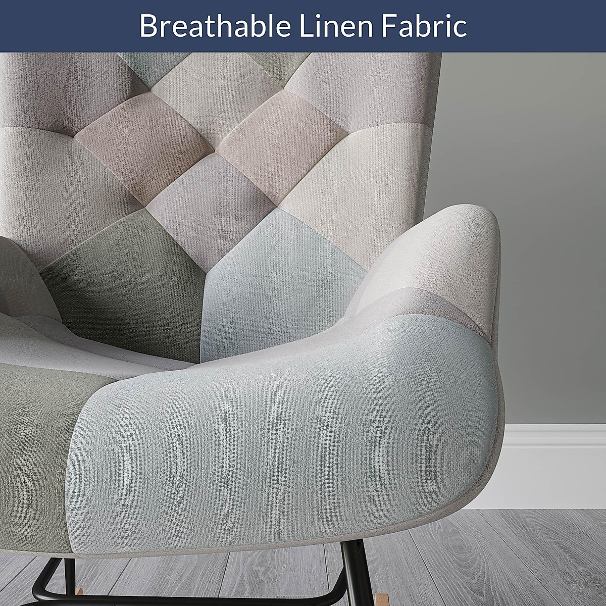 BELLEZE Colorful Patchwork Rocking Chair, Widen Nursery Rocking Chairs Comfy Linen Upholstered Glider Rocker with Solid Wood Legs for Living Room Bedroom Nursery - Paramount (Patchwork A)