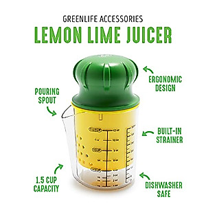 GreenLife Cooking Tools and Utensils, Lemon and Lime Juicer Citrus Squeezer with built in strainer, Easy Read Measurements, Pouring Spout, Dishwasher Safe, Green and Yellow