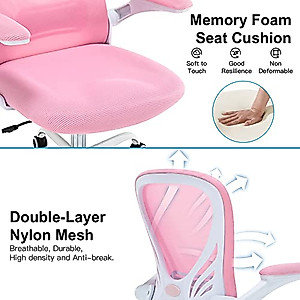 Hramk Office Chair Mid Back Swivel Desk Chair with Flip-up Arms, Breathable Mesh Computer Chair, Lumbar Support Task Chair with Wheels, Height Adjustable (Pink)