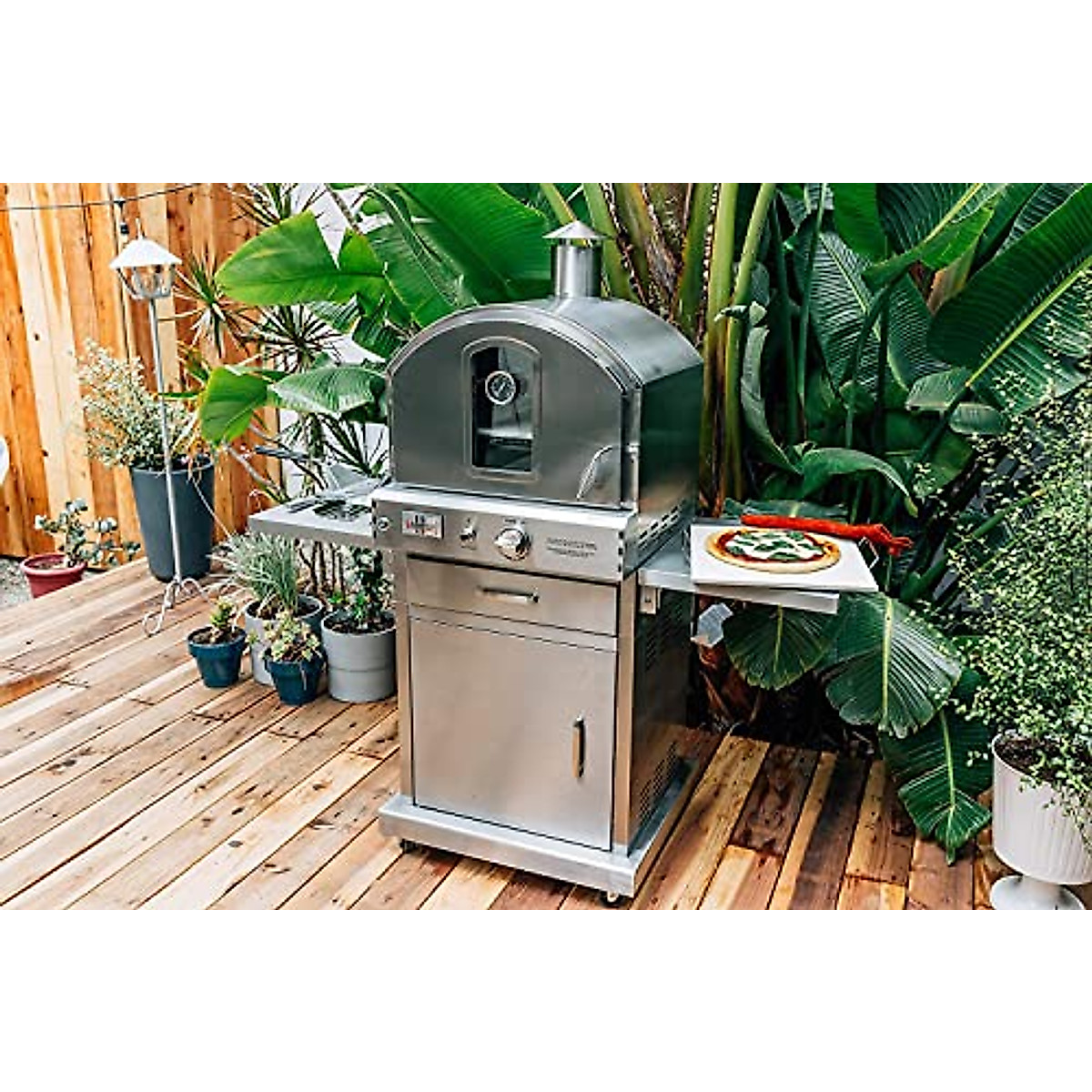 AMS Fireplace Summerset Freestanding Pizza Oven | Large Capacity Propane Gas Outdoor Pizza Oven with Pizza Stone and Smoker Box & Mobile Cart | 304 Stainless Steel Construction | FREE Tabletop Fire Pit (Propane Gas)