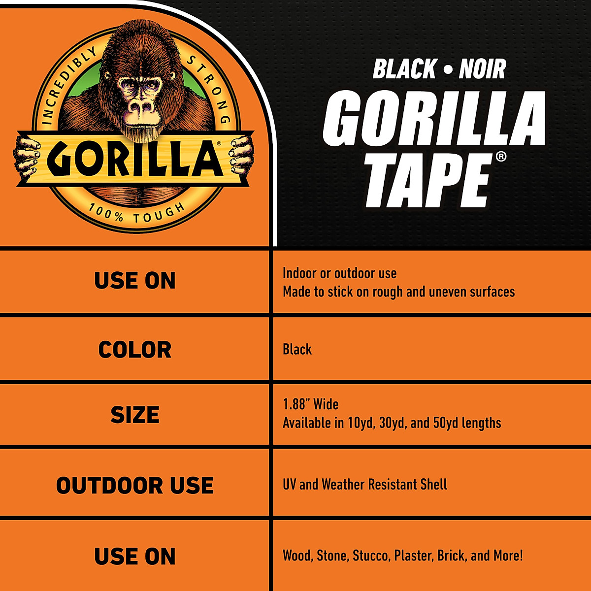 Gorilla Duct Tape, 1.88" x 50yd, Black