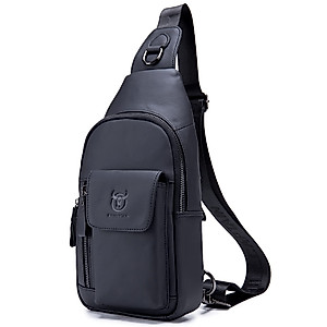 BULLCAPTAIN Genuine Leather Sling Bag for Men Multi-pocket Casual Travel Crossbody Chest Bag Hiking Backpacks (Black)