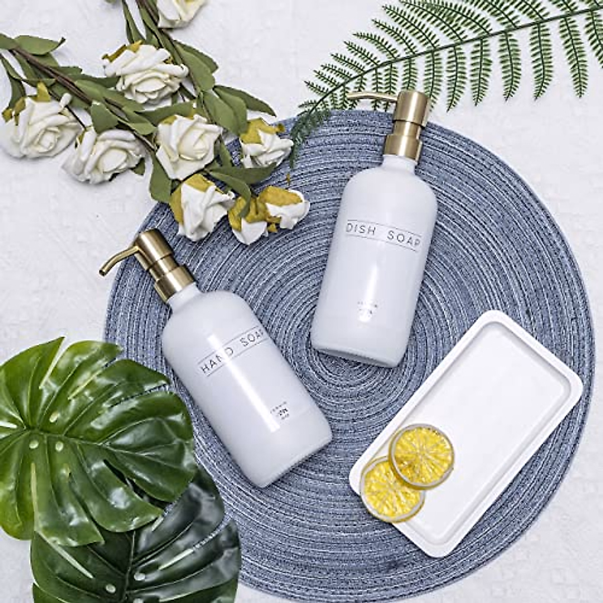 Janxin Glass Soap Dispenser for Kitchen with Stainless Steel Pump and Wood Tray, Modern Bathroom Soap Dispenser with Waterproof Labels for Hand Soap, Dish Soap, Lotion(White Bottles+Gold Pumps)