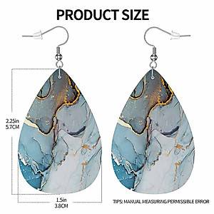 Water Alcohol Ink Leather Earrings for Women Sapphirine and Navy Blue Spots Marbling Art Teardrop Double-Sided Dangle Lightweight Leaf Earrings