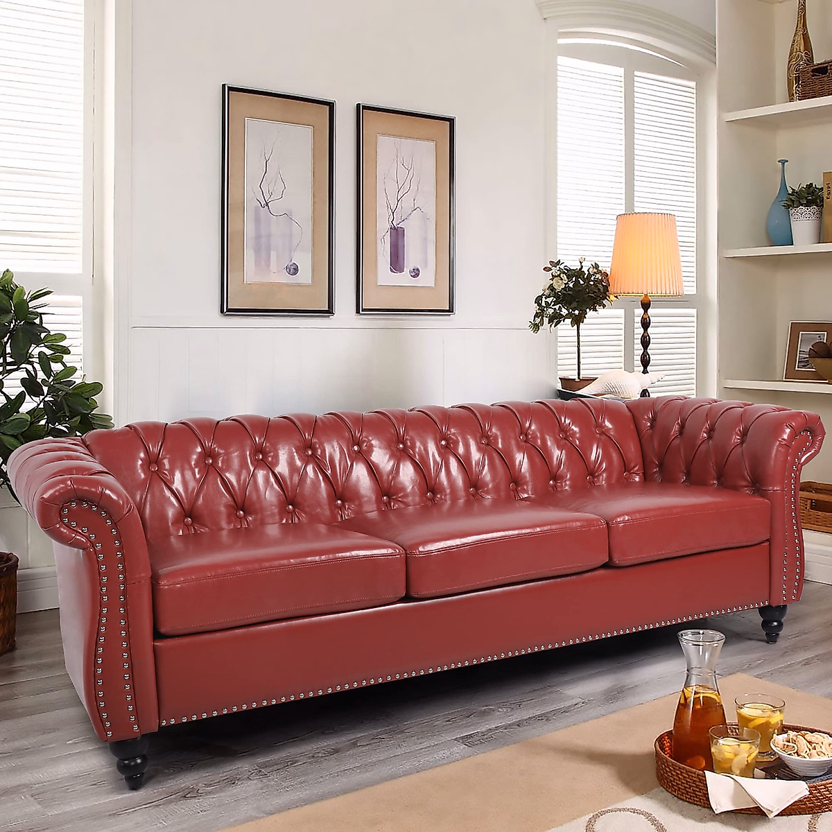 LEVNARY Chesterfield Sofa, Classic Tufted Upholstered Leather Couch, Modern 3 Seater Couch Furniture with Tufted Back for Living Room Office (Wine Red)