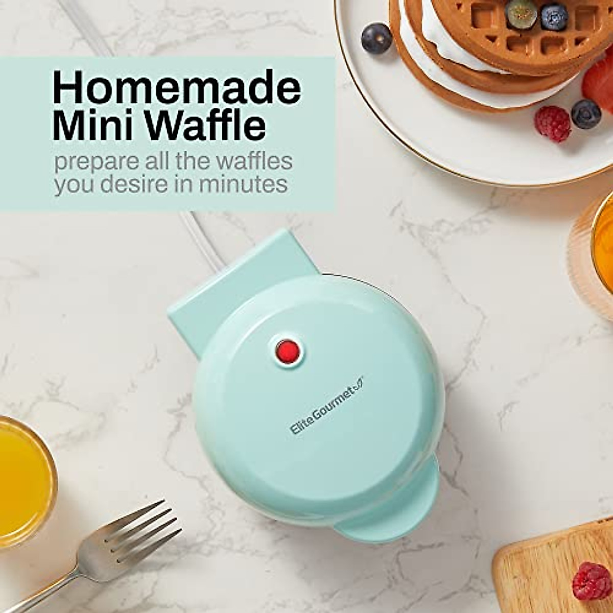 Elite Gourmet EWM013M# Electric Nonstick Mini Waffle Maker, 1-Inch Thick Waffles, Compact Design, Hash Browns, Keto, Snacks, Sandwich, Eggs, Easy to Clean, Mint