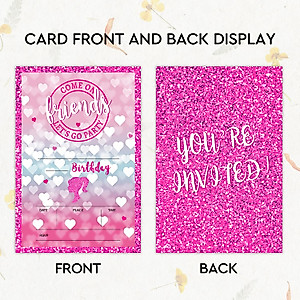 YUEXLL Let's Go Girls Theme Birthday Party Invitations Cards, Pink Doll Theme Birthday Celebration Supplies, Double-sided Fill-in birthday Invites for Boys Girls - C10