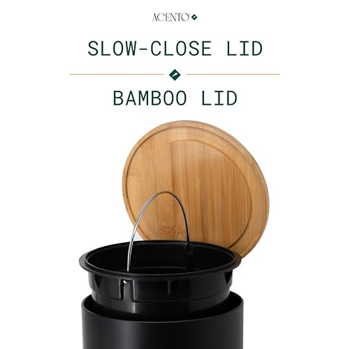 ACENTO Round Soft-Close Step On Bathroom Wastebin, 1.3 Gallon Trash Can with Premium Pedal and Bamboo lid (Matte Black and Natural Bamboo)