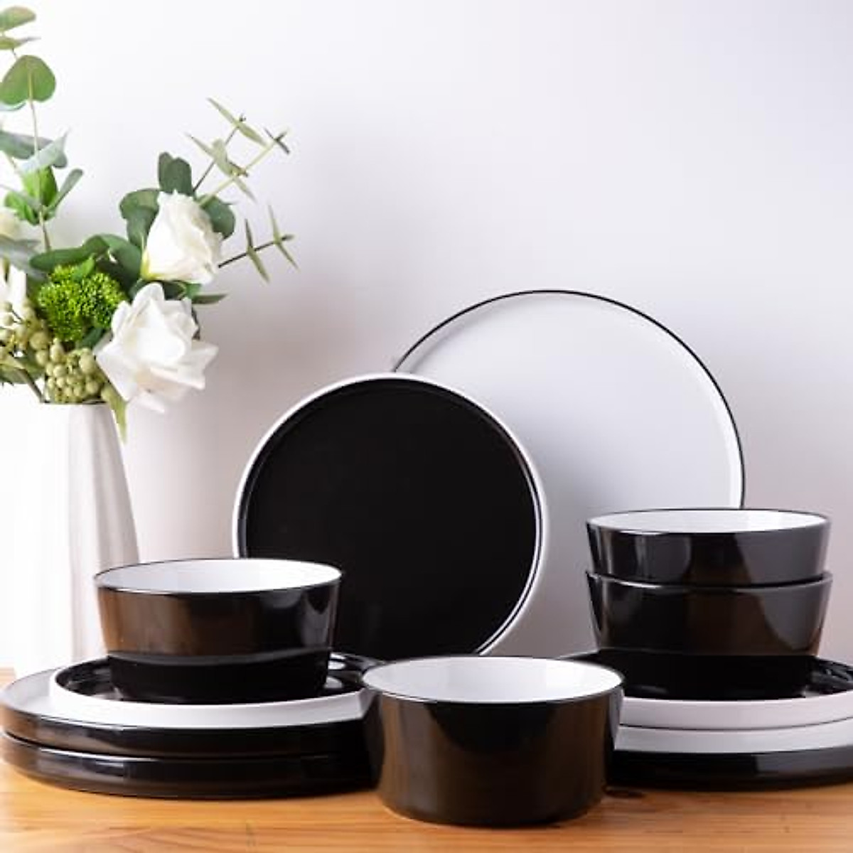 AmorArc Ceramic Dinnerware Sets for 4,12 -Piece Double Color Stoneware Plates and Bowls Set,Chip and Crack Resistant | Dishwasher & Microwave Safe Dishes Set,Service for 4 -White &Black