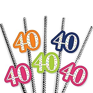 40th Birthday - Cheerful Happy Birthday - Paper Straw Decor - Colorful Fortieth Birthday Party Striped Decorative Straws - Set of 24