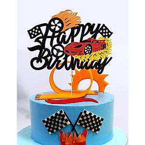 Bdayshop Fire Car Cake Topper Race Cars Cake Decorations Glitter Red Hot Car Cake Toppers for Boys Girls Racing Car Theme Birthday Party Supplies for Kids Baby Shower