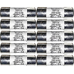 Pack of 10 Fuses 30A in-Line PV 30 Amp 1000V DC [10 x 38mm] fusible CE Certified UL | Photovoltaic Fuses for Solar Panel Protection