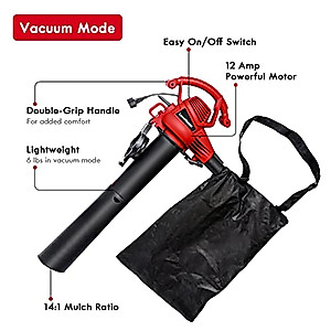 LawnMaster Red Edition BV1210 1201 Electric Blower Vacuum Mulcher 12 Amp 2-Speed Adjustment with Metal Impeller 240 MPH 380 CFM 14:1 Mulch Ratio
