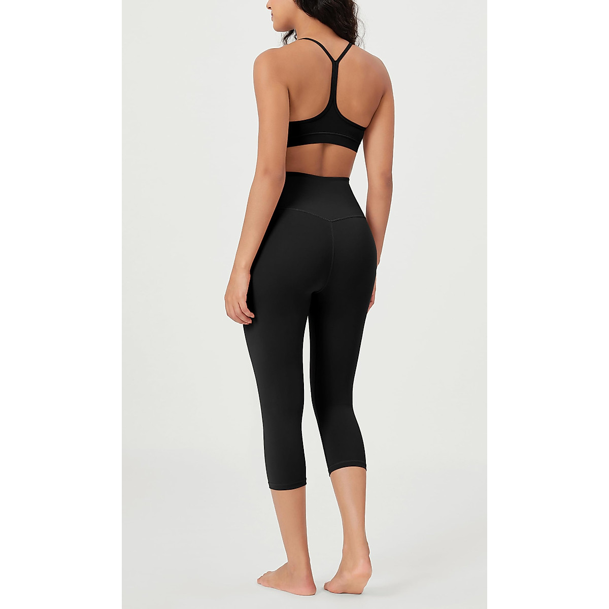 ODODOS Women's Cross Waist Yoga Capris with Inner Pocket, Inseam 19" Gathered Crossover Workout Cropped Yoga Pants, Black, Large