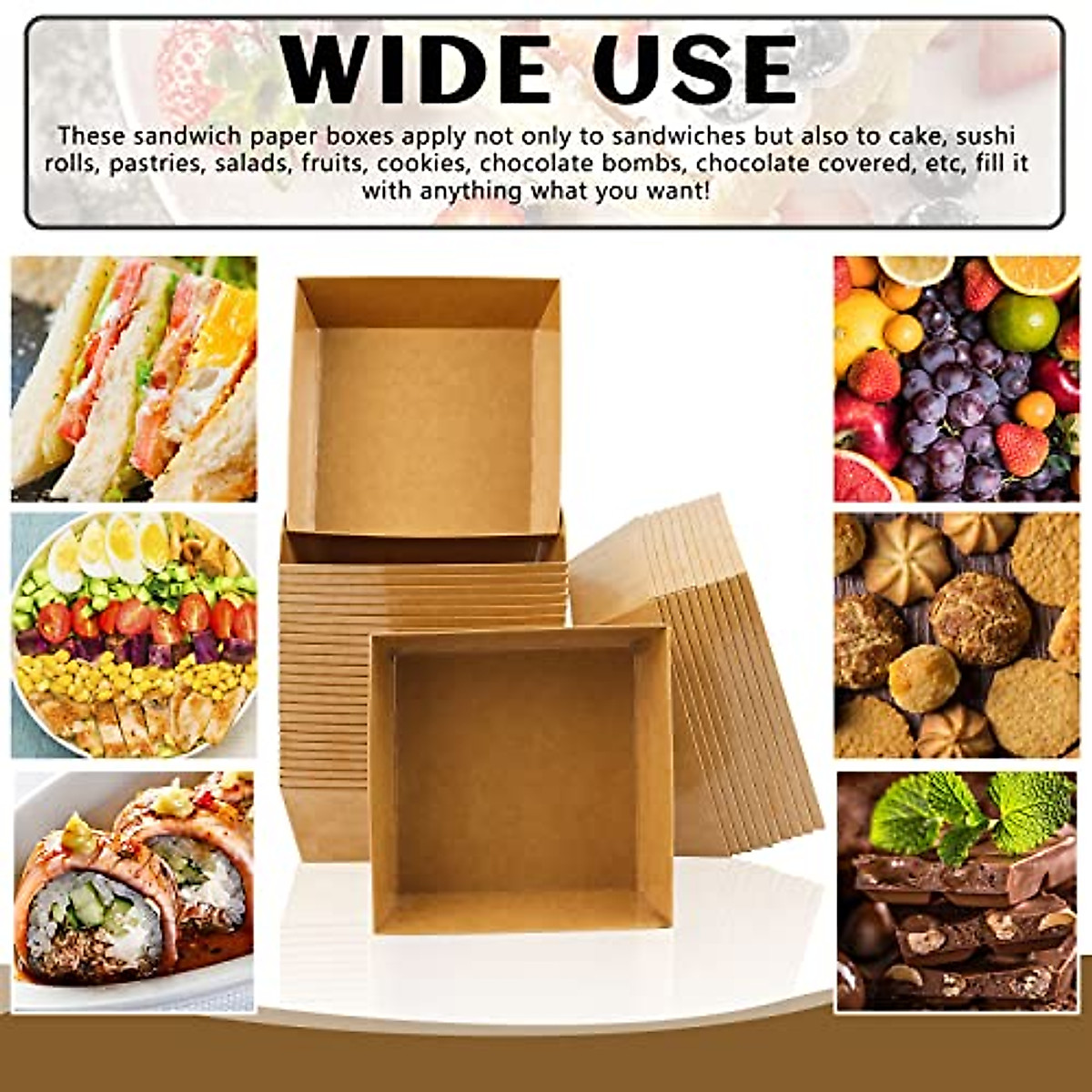 Cmkura 50 Pack Brown Square Disposable Paper Charcuterie Boxes Food Containers Bakery Boxes for Cake, Cookies, Sandwich(Small size)