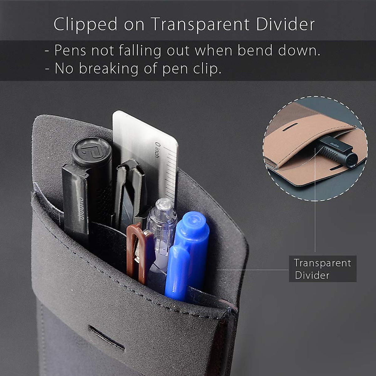 Pocket Protector, Leather Pen Pouch Holder Organizer, for Shirts Lab Coats, Hold 5 Pens, Designed to Keep Pens Inside When Bend Down. No Breaking of Pen Clip. Thick PU Leather, Navy, 2 Per Pack.