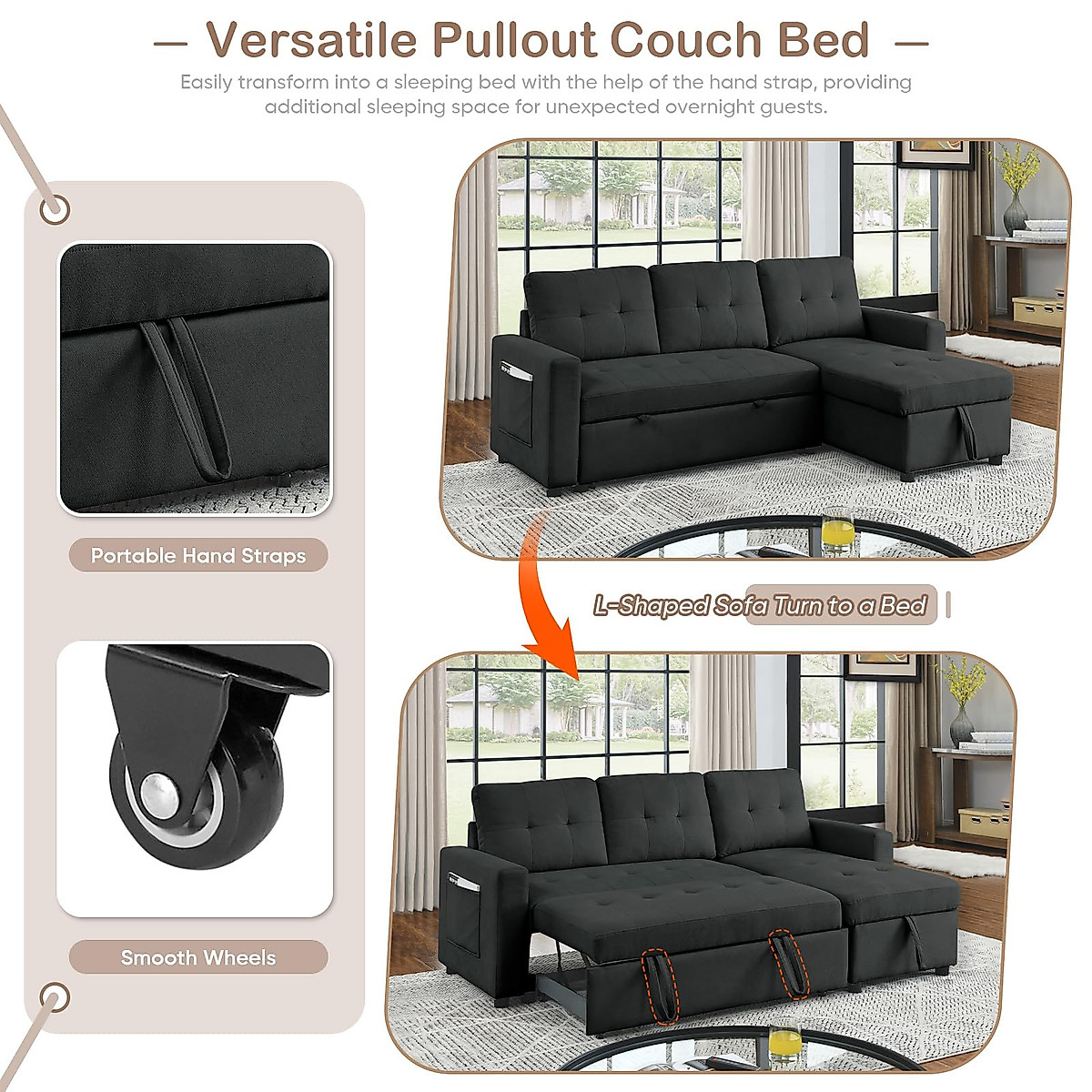 Antetek Reversible Sleeper Sectional Sofa with Pull-Out Bed, Comfy Tufted L-Shaped Sectional Sofa Couch Bed with Storage Chaise Side Pocket, Furniture Set for Living Room, Small Space, Black