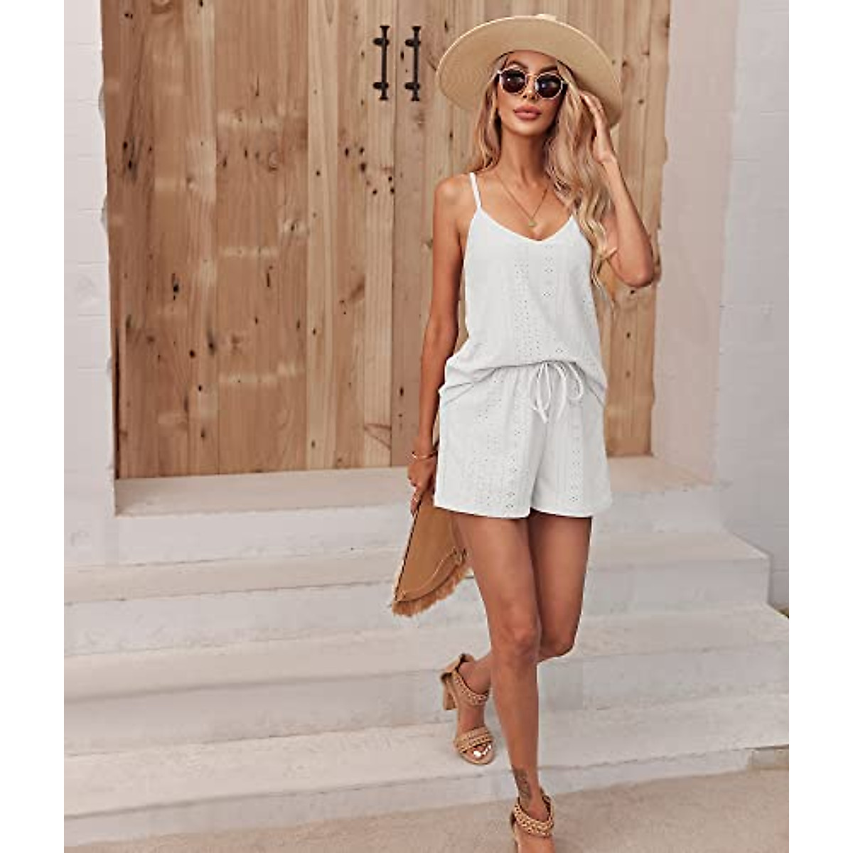 Ekouaer Women's Cami Loungewear Set 2 Piece Casual Summer Outfits Sleeveless Top and Shorts Matching Set V Neck Pj Sleepwear White X-Large