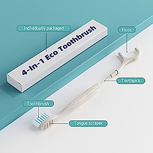 HEINENAND Travel Toothbrushes, 4 in 1 Biodegradable Disposable Toothbrush with Floss Toothpick Tongue Scraper, Eco-Friendly Individually Wrapped Toothbrush for Travel Office and School (10 Pack)