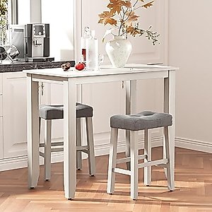 Nathaniel Home 3 Piece Counter Height Table Chairs Set, Kitchen Dining Room Sets Furniture One Bench and Two Saddle Stools with Upholstery pad, Antique White