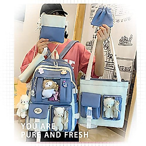 5Pcs Set Kawaii Canvas School Backpack, Cute Kids Backpack for Girls 17in with Badge, Pendant, Shoulder Bag, Pencil Box, Tote Bag, Small Bag (BLACK)