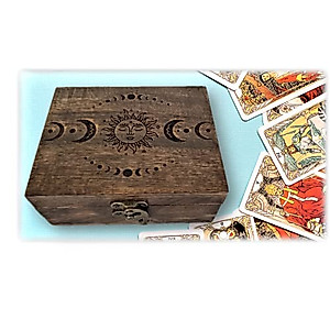 Engraved Wooden Tarot Box for Cards Crystal Holder | Sun and Moon Fortune Telling Astrology Trinket Keepsake Box. Fengshui Luck Talisman Decorative Gift Case/Holder
