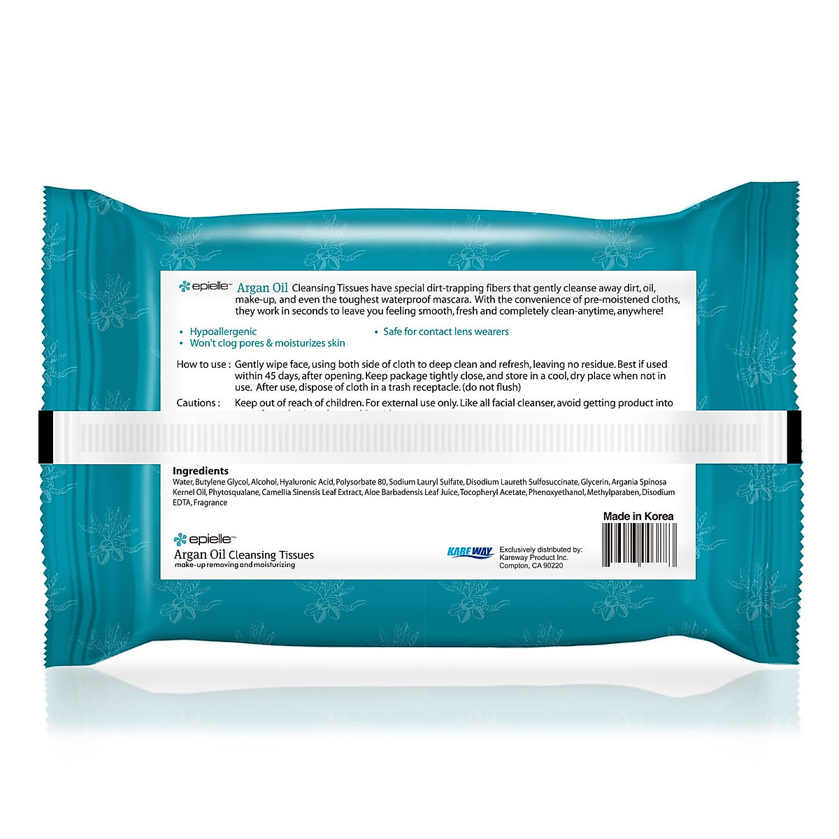 Epielle Argan Oil Cleansing Facial Tissues Makeup Remover Wipes Gentle and Nicely Scented Towelettes - 60 Sheets per pack, 4 pack (new)