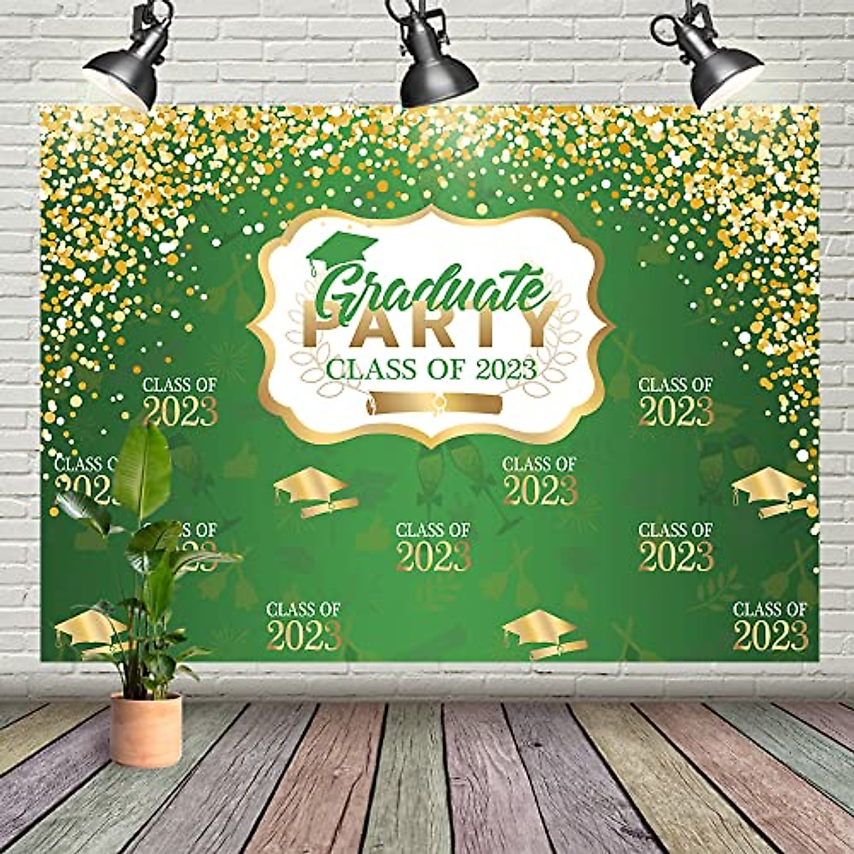 7x5ft Green Graduate Party Backdrop Class of 2023 Graduation Congratulations Background Gold Dots Caps Prom Photography for Senior Year Graduation Party Decoration Banner Supplies