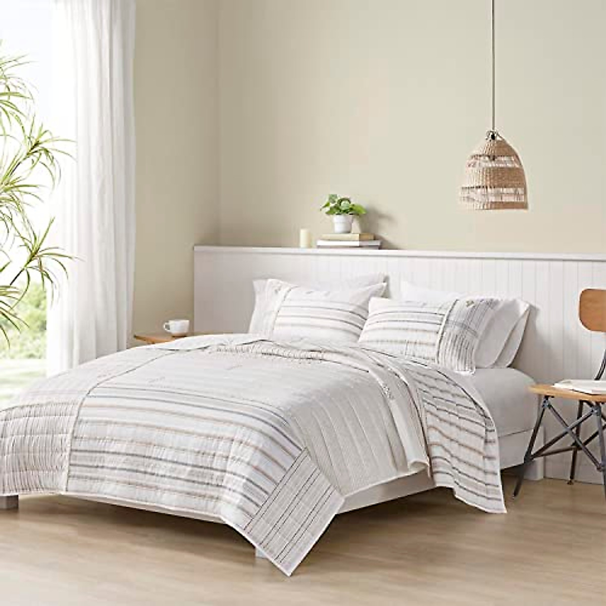 INK+IVY Salar Cotton Quilt Set - Stripe Patchwork Design with Fringe Trim Accent, Prewashed Coverlet, All Season, Breathable and Lightweight Cover, Cozy Summer Blanket, Full/Queen Natural 3 Piece