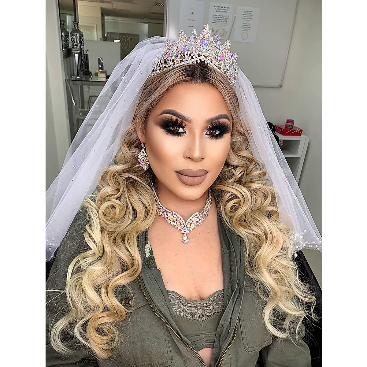 SWEETV Wedding Crown for Bride, 3-pack Tiara Earrings Necklace, Bridal Jewelry Set, Iridescent Crystal Costume Party Birthday Prom Pageant Jewelry for Women,Multicolored