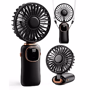 coldSky Portable Handheld Fan, 4000mAh Battery Operated 3 in 1 Multifunction Personal Travel Fan with Digital Display, 90° Foldable Desk Fan with Base, 5 Speed Lash Fan for Makeup/Office (Black)