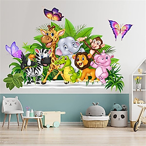 Colorful Animal Wall Sticker Green Leaf Butterfly Cartoon Animal Sticker African Jungle Elephant Giraffe Monkey Lion Lifelike 3D Picture Children's Bedroom Wallpaper Decoration Nursery Classroom Living Room (Green1)