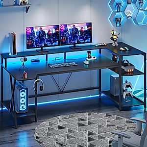 SEDETA Gaming Desk 70.8'' with LED Lights and Storage Shelves, Computer Desk with Monitor Stand, Power Outlets and Cup Holder, Large PC Gamer Desk, Gaming Table for Bedroom, Living Room, Black