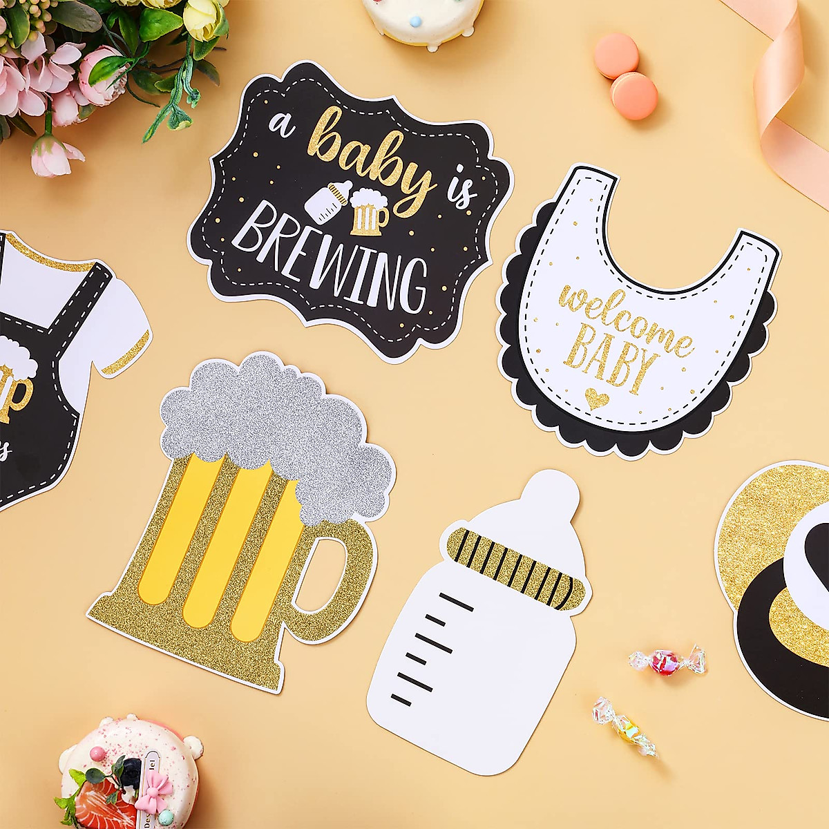 JOYMEMO 24 Pieces A Baby is Brewing Centerpiece Sticks Black Gold - Bottle and Beer Baby Shower Decorations, A Baby is Brewing Baby Shower Supplies for Pregnancy Diaper Huggies and Chuggies Party