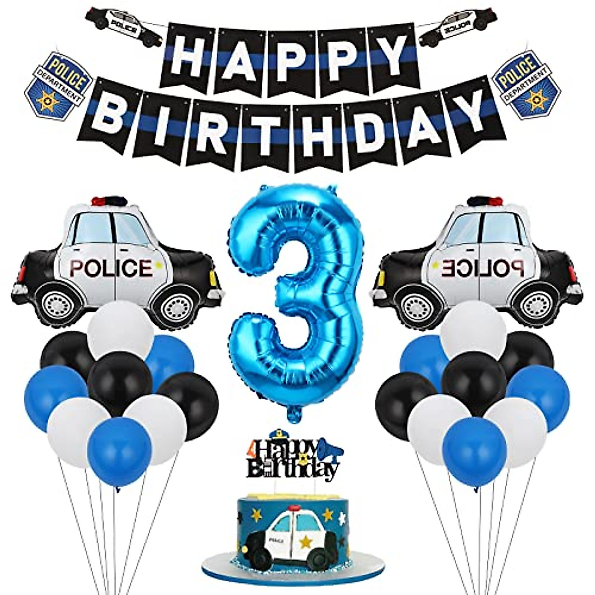 3rd Birthday Decorations for Boy Police Birthday Party Decoration Happy Birthday Banner 3rd Birthday Gifts Boy Police Birthday Party Supplies for Kids Police Cars Cake Topper Police Balloons