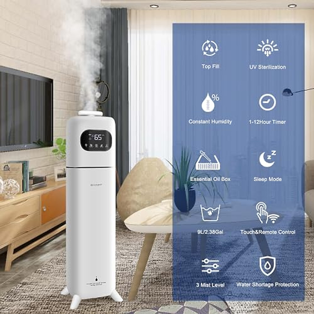 Humidifier Large Room,Humidifiers for Home,Humidifiers for Bedroom,Top Fill 9L 32DB Quiet Ultrasonic Cool Mist Humidifier for Baby Nursery Office Plants