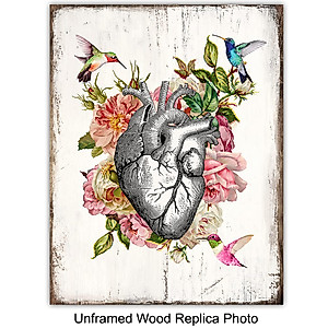 Human Anatomy Floral Hummingbird Wall Art Poster Set - 8x10 Rustic Heart, Brain, Lungs for Doctor, Medical Office, Living Room, Bedroom - Shabby Chic Goth Gift for ER Nurse Practitioner, RN, CNA