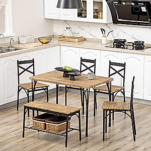 HOMCOM Industrial Dining Table Set for 6 People, 6 Piece Kitchen Table and Chairs Set, Dinner Table with Bench, Steel Frame and Storage Shelf, Dinette Set, Rustic Brown