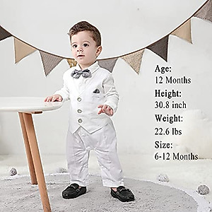 HOSUKKO Baby Suit, One-Piece Romper & Beret & Bow Tie,Toddler Boys Bowtie Outfits Sets for Special Occasion (Long Sleeve, 0-24 Months),White,3-6M
