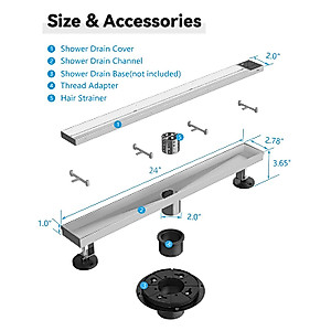 HTOH Shower Drain, 2 in 1 Linear Shower Drain 24 Inch(Brushed Nickel), 304 Stainless Steel Shower Floor Drain with Tile Insert Grate,Adjustable Feet,Hair Filter