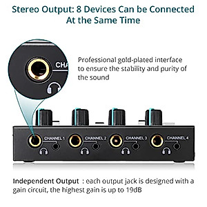 Headphone Amplifier, YGiTK 4 Channels Mono/Stereo Metal Stereo Headphone Amps-4x Quarter Inch and 8X Quarter Inch TRS Headphones Output and 1/4" & 1/8"& AV Audio Input(Including Audio Cable)