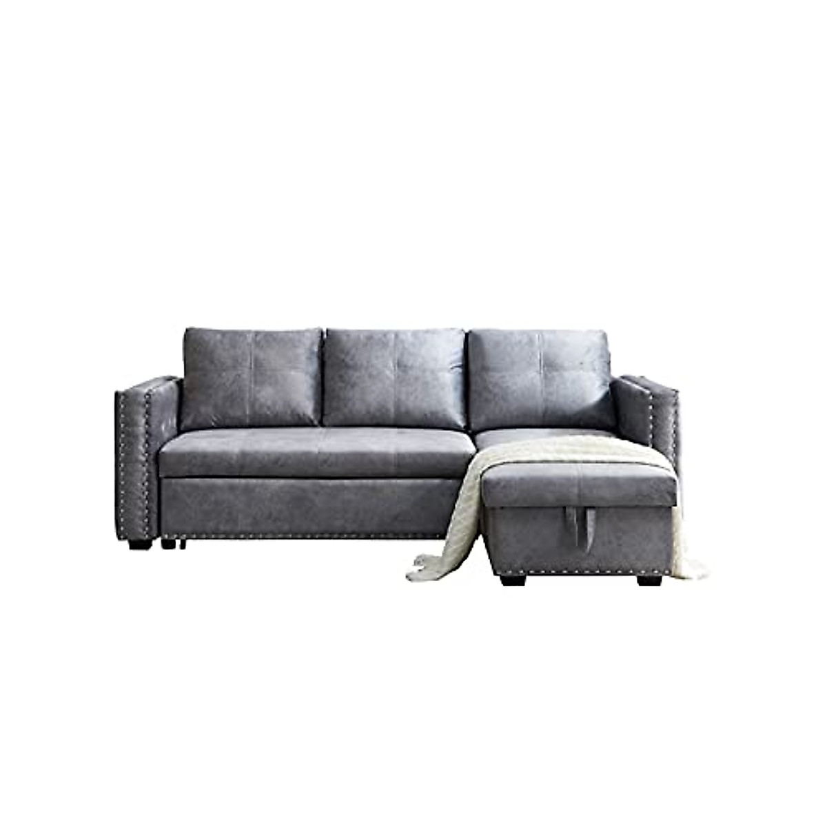 MOEO 91" Reversible Sleeper Sectional Sofa, L-Shape Corner Couch with Storage Chaise and Pulled Out Bed, Tufted Buttons Nailheaded Design for Living Room, Home, Gray